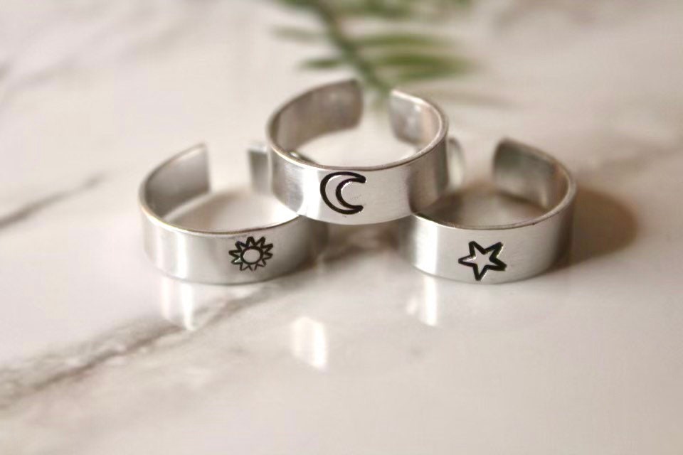 Sun, Moon, & Star Adjustable Stamped Rings - Etsy