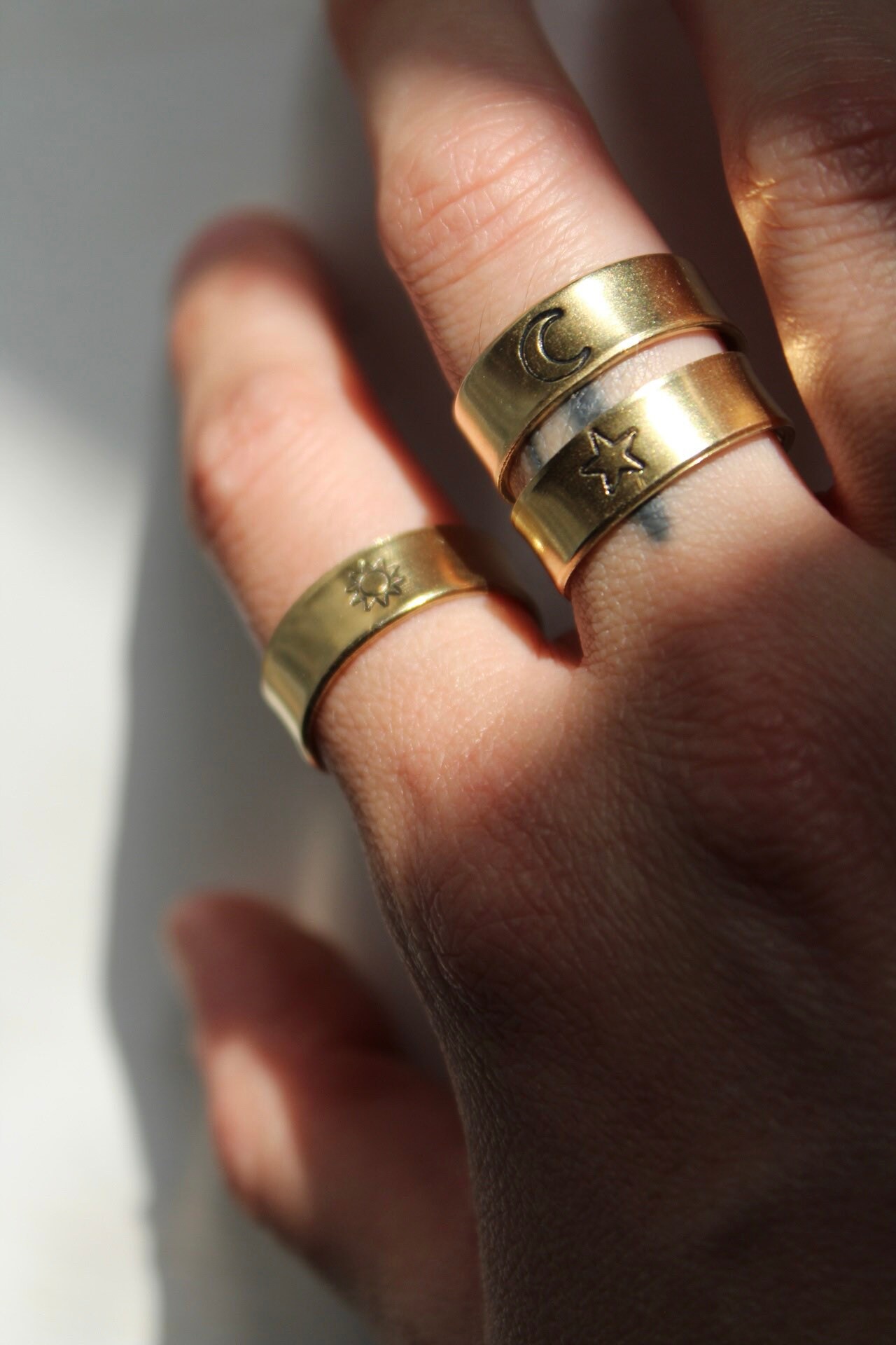 Sun, Moon & Star Gold Adjustable Stamped Rings - Etsy