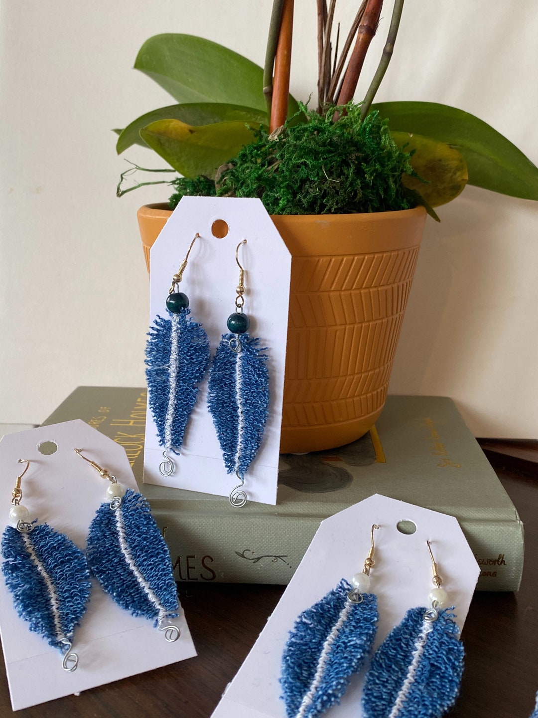 Denim Feather Earrings - Etsy