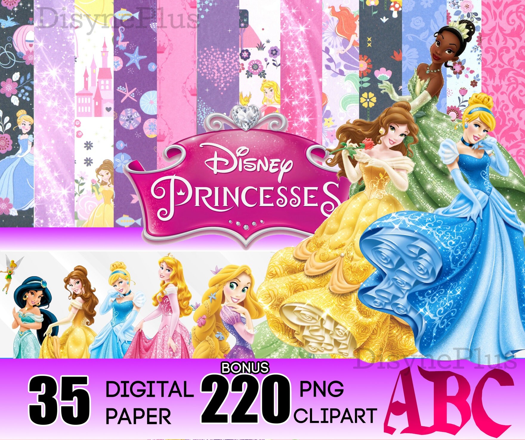 Disney Princess Digital Paper with Clipart Digital Download | Etsy