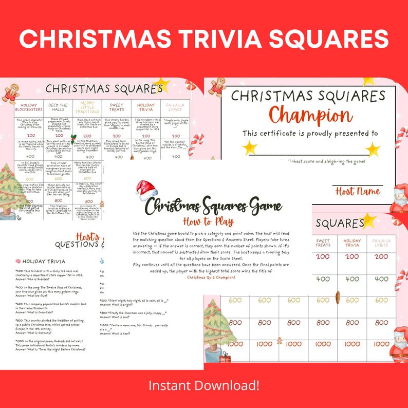 Christmas Squares Game | Printable Christmas Party Game | Holiday Quiz ...