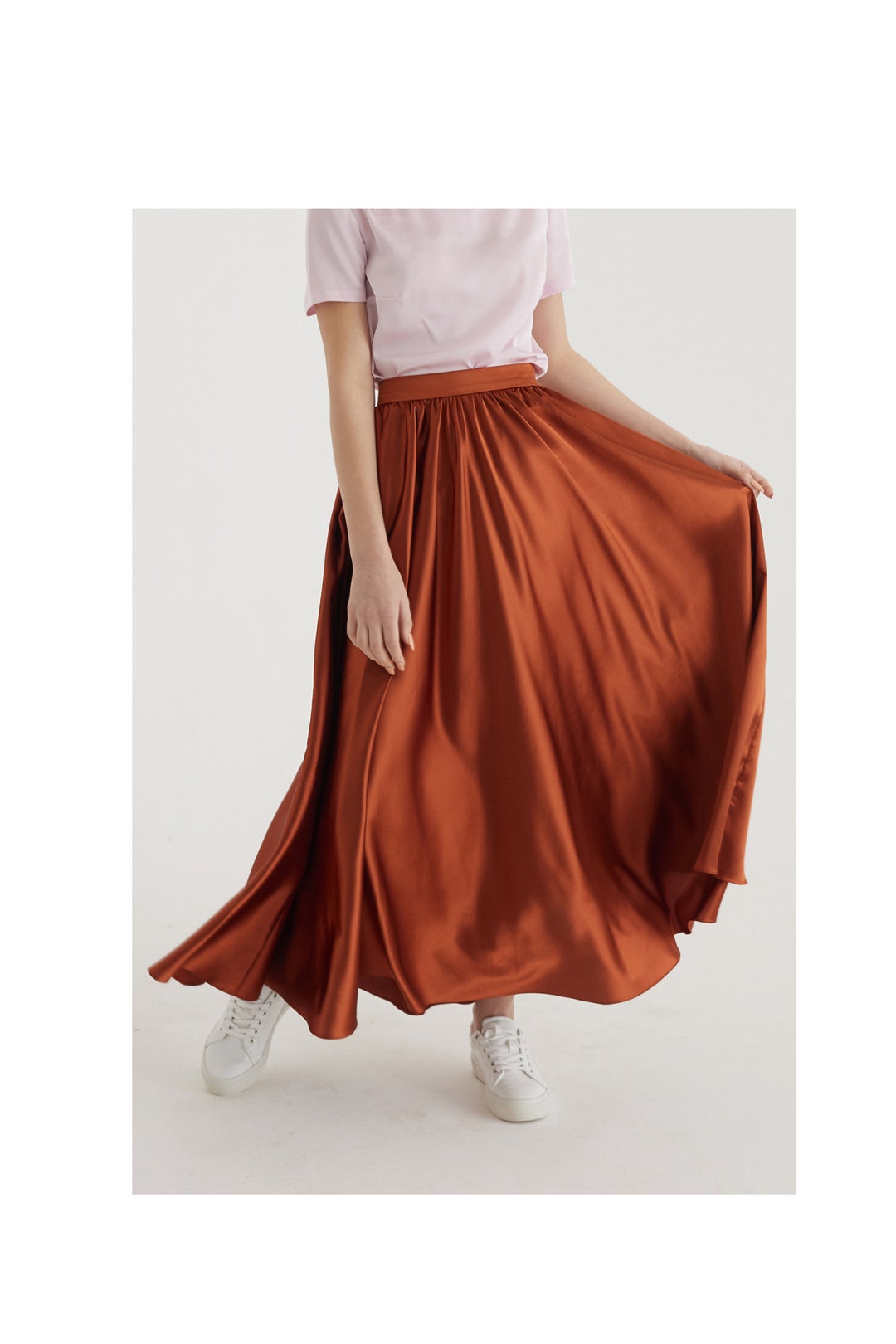 Flared Vintage Skirt, ANKLE Length SILK Circle Skirt, Rust MIDI Women ...