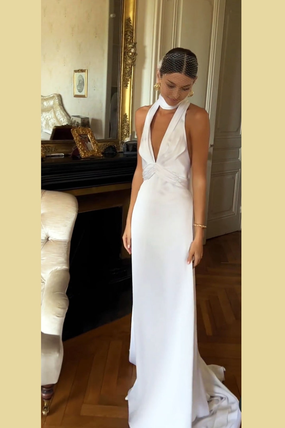 Long Halter Top Simple Wedding Slip Dress /V Backless Hollywood Style ...