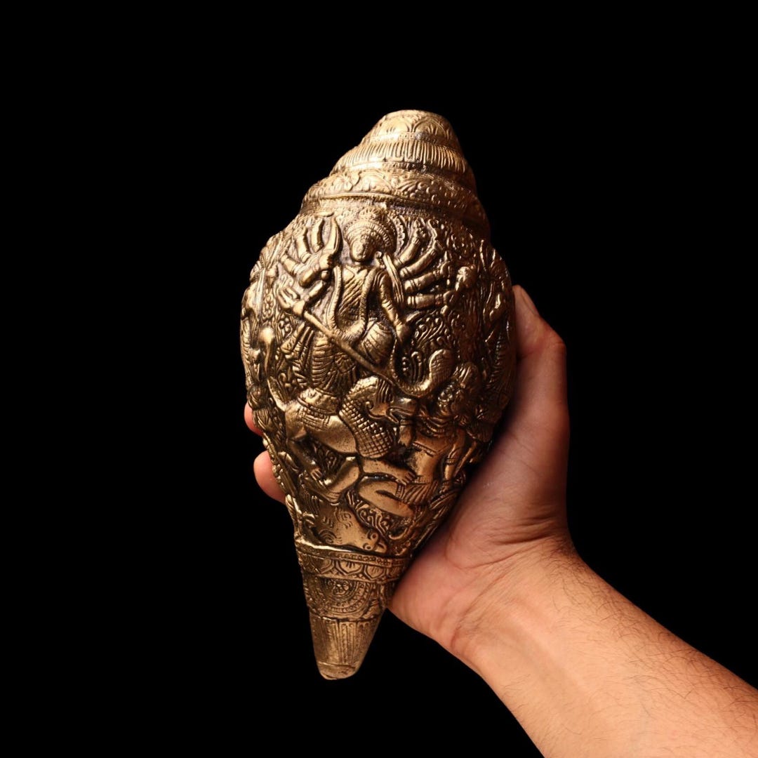 Ma Durga Brass Conch Shell: Hindu Goddess Shrine Decor, Nepal - Etsy