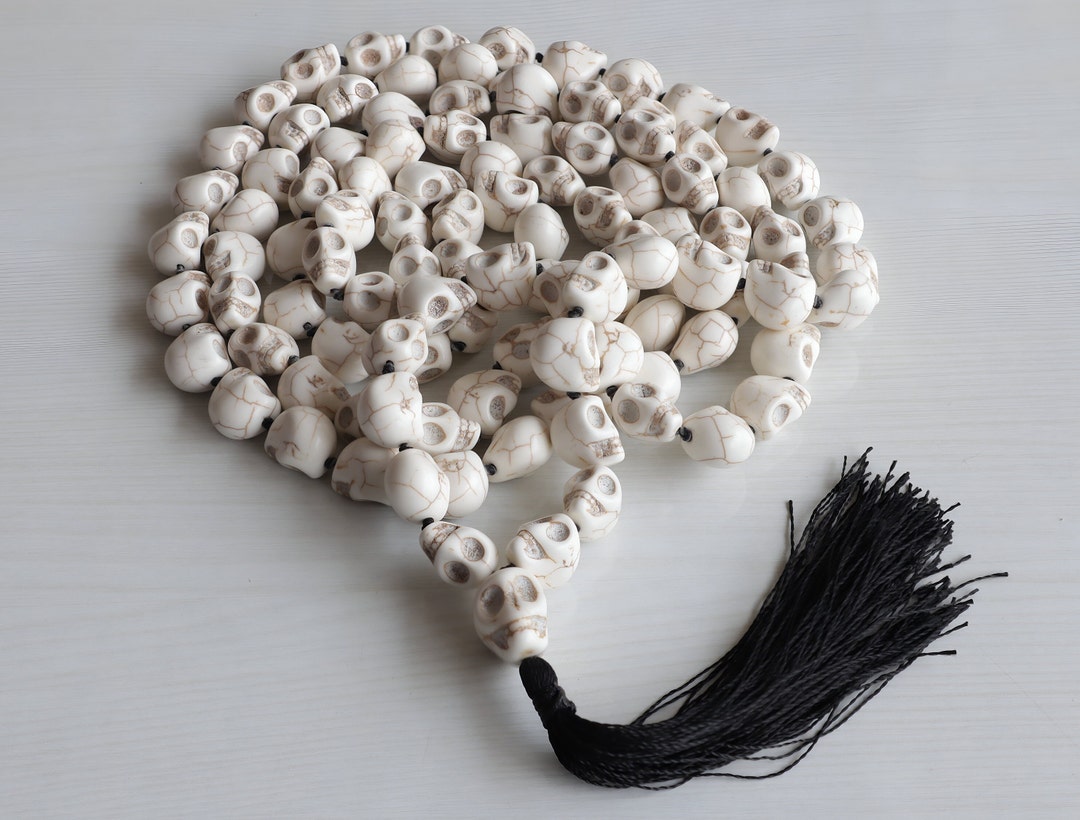 Ma Kali Skull Mala Necklace: 108+1 Natural Howlite Beads, Spiritual ...