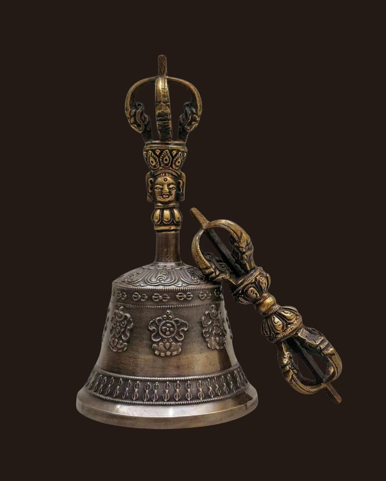 Antique Tibetan Bell and Vajra Set Ashta Mangala Symbols Free Brocade ...