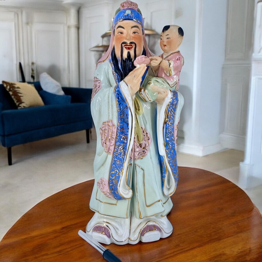 Vintage Chinese Porcelain Statue – Fu Xing Holding Child – Mid 20th ...
