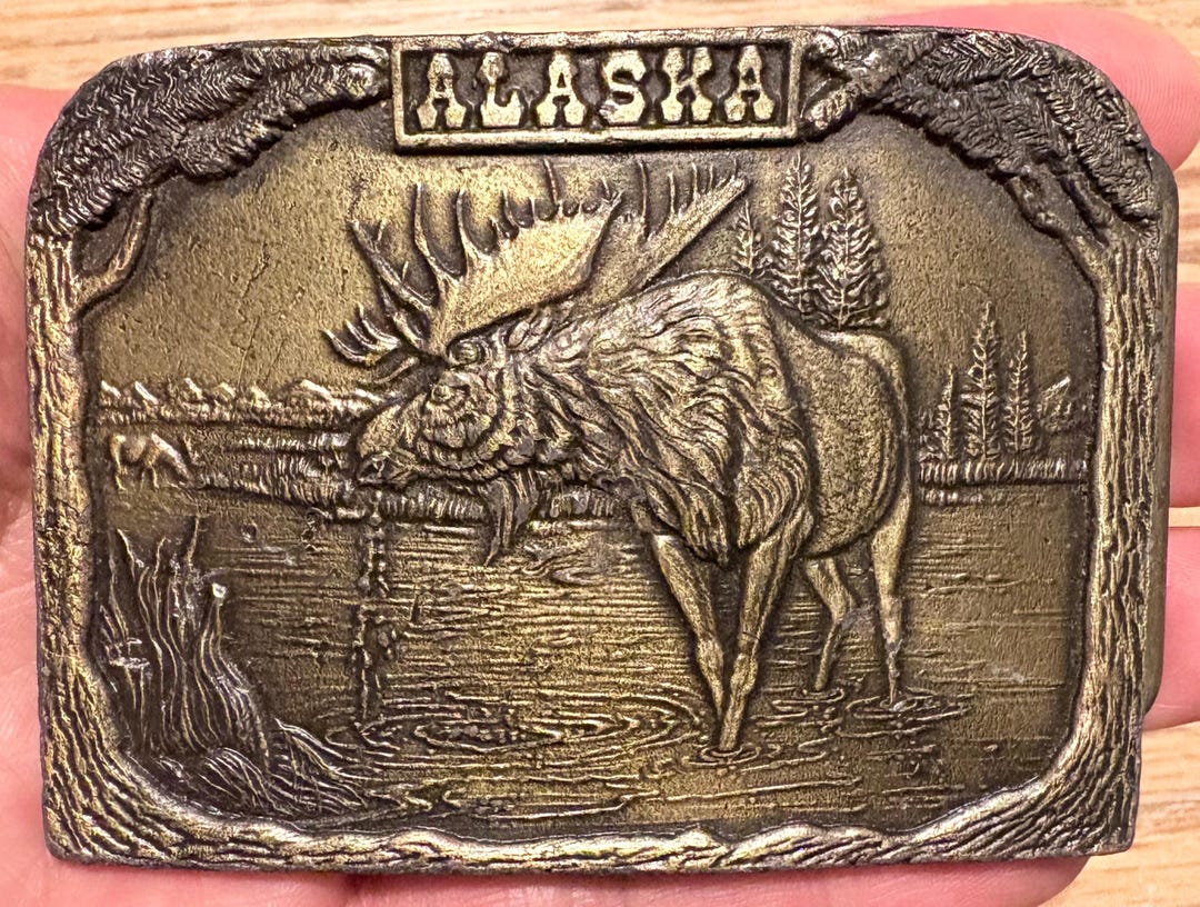 Vintage Alaska Moose Belt Buckle Brass Tone Wildlife Nature Outdoor ...