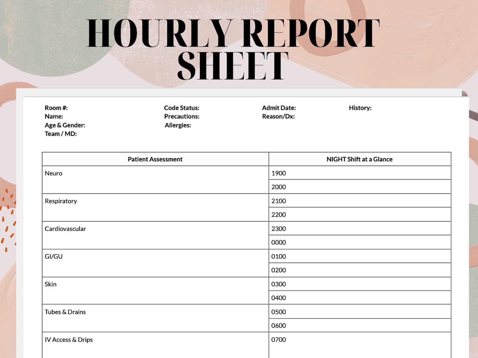 HOURLY Planner Nursing Report Sheet ICU Report Sheet Med - Etsy