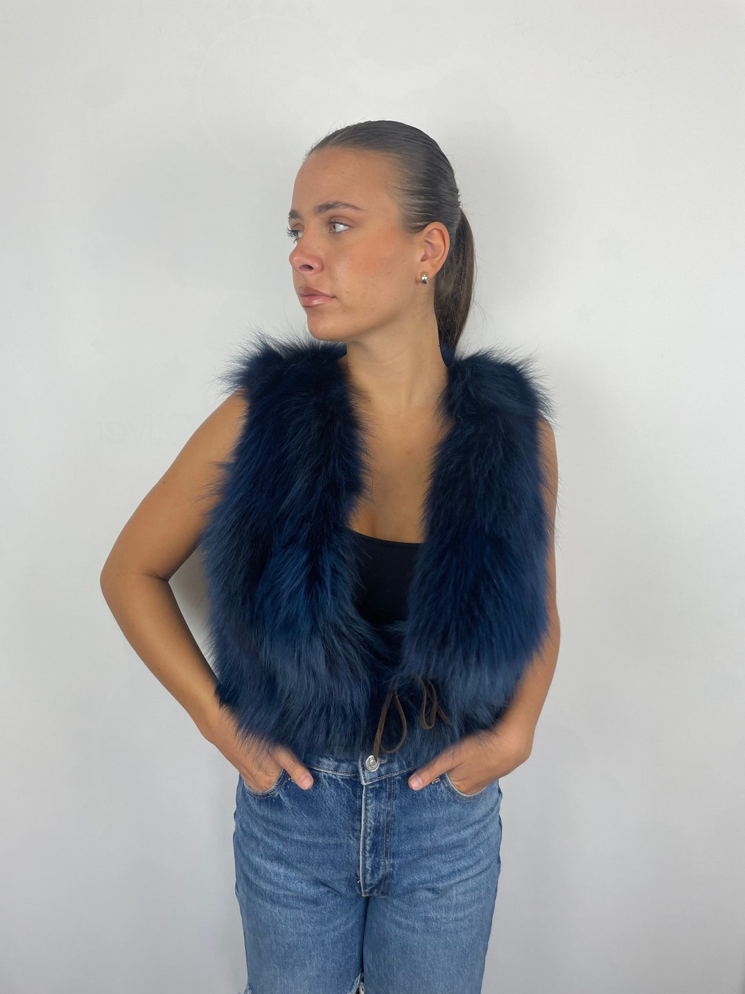 Fur Vest of Fox Fur Sky Blue Color - Etsy