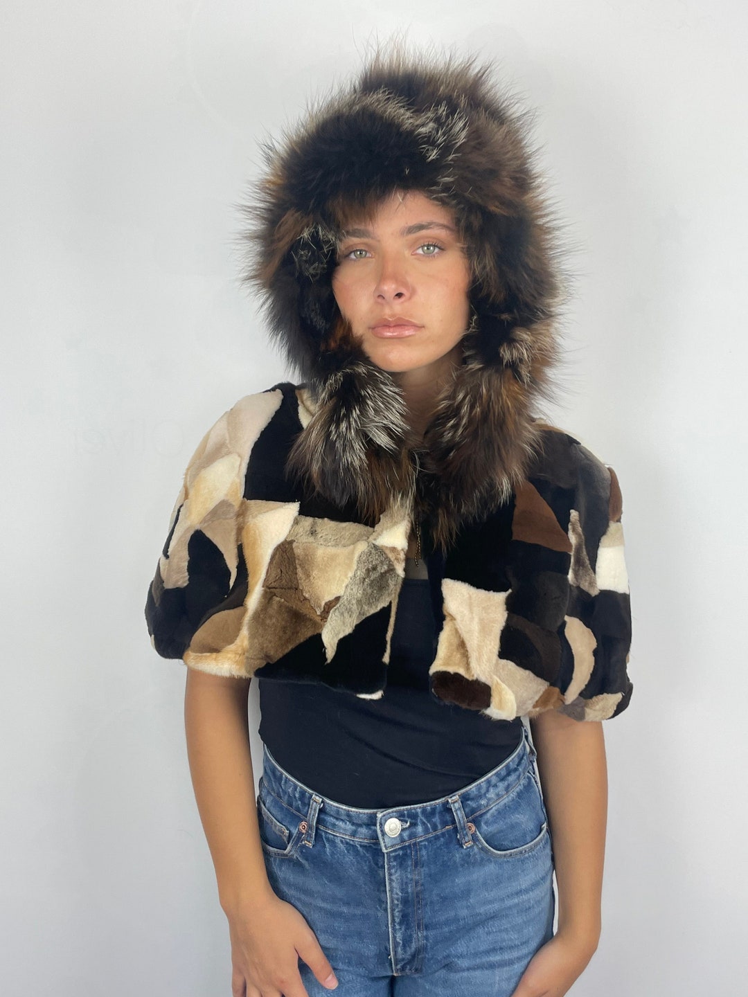 Fur Short Jacket of Rex Rabbit and Fox Fur Trim on the Hooded - Etsy