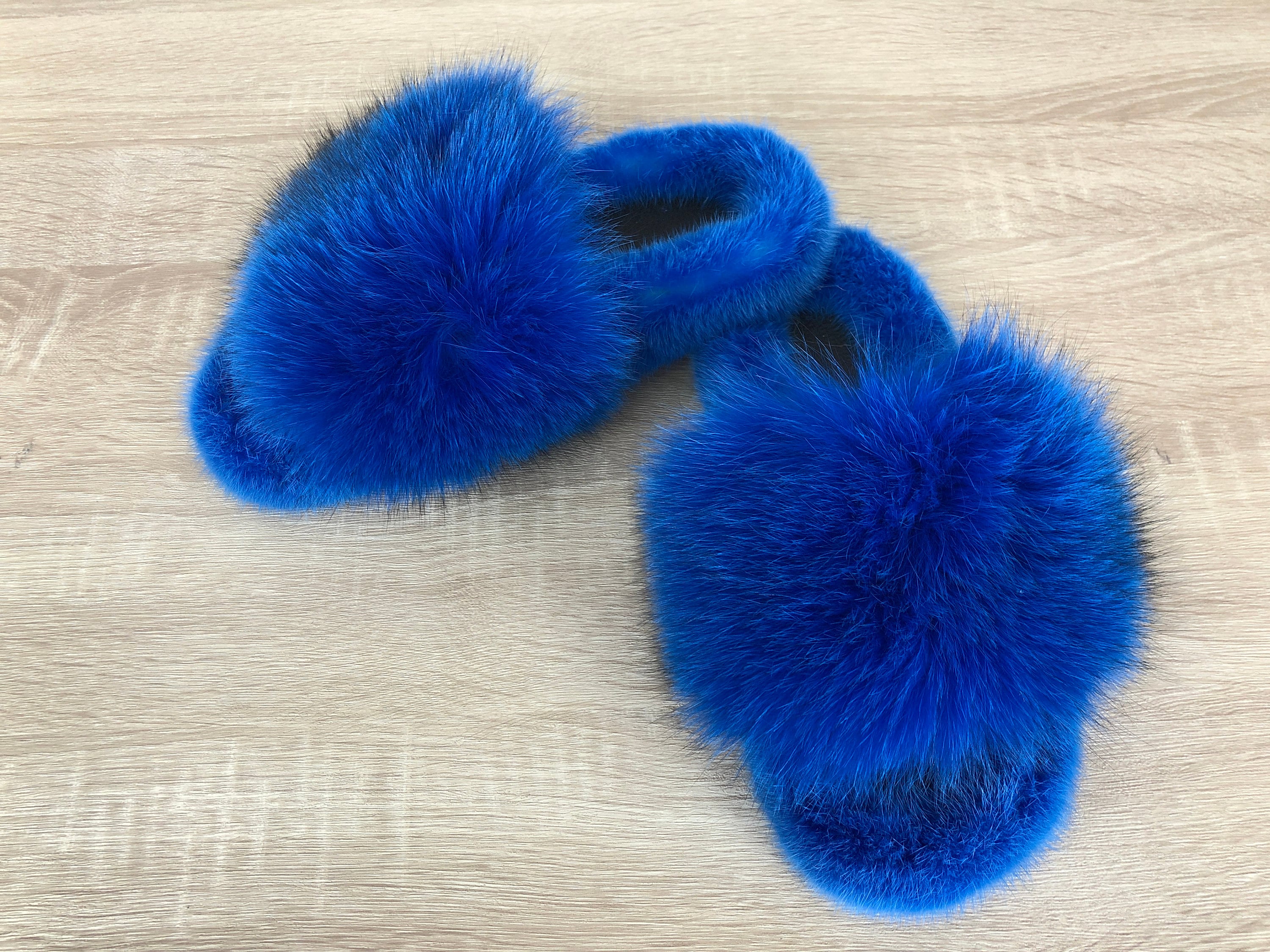 Fur Slipper of Mink & Fox Blue Electric - Etsy
