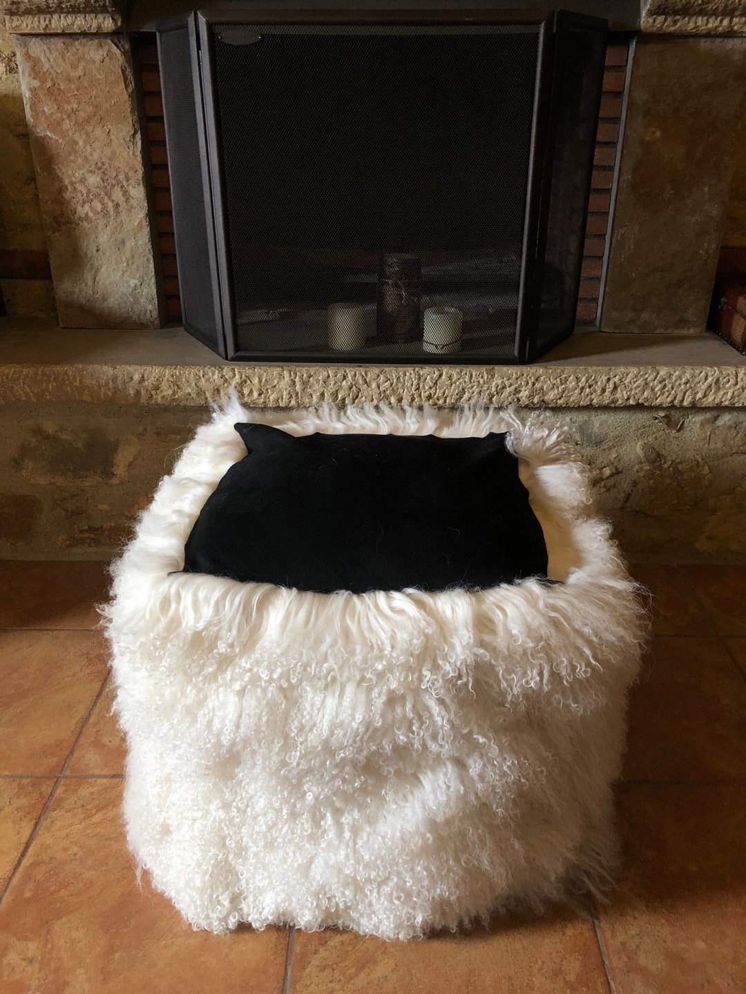 Fur Pouf of Mongolian Lamb White Color - Etsy
