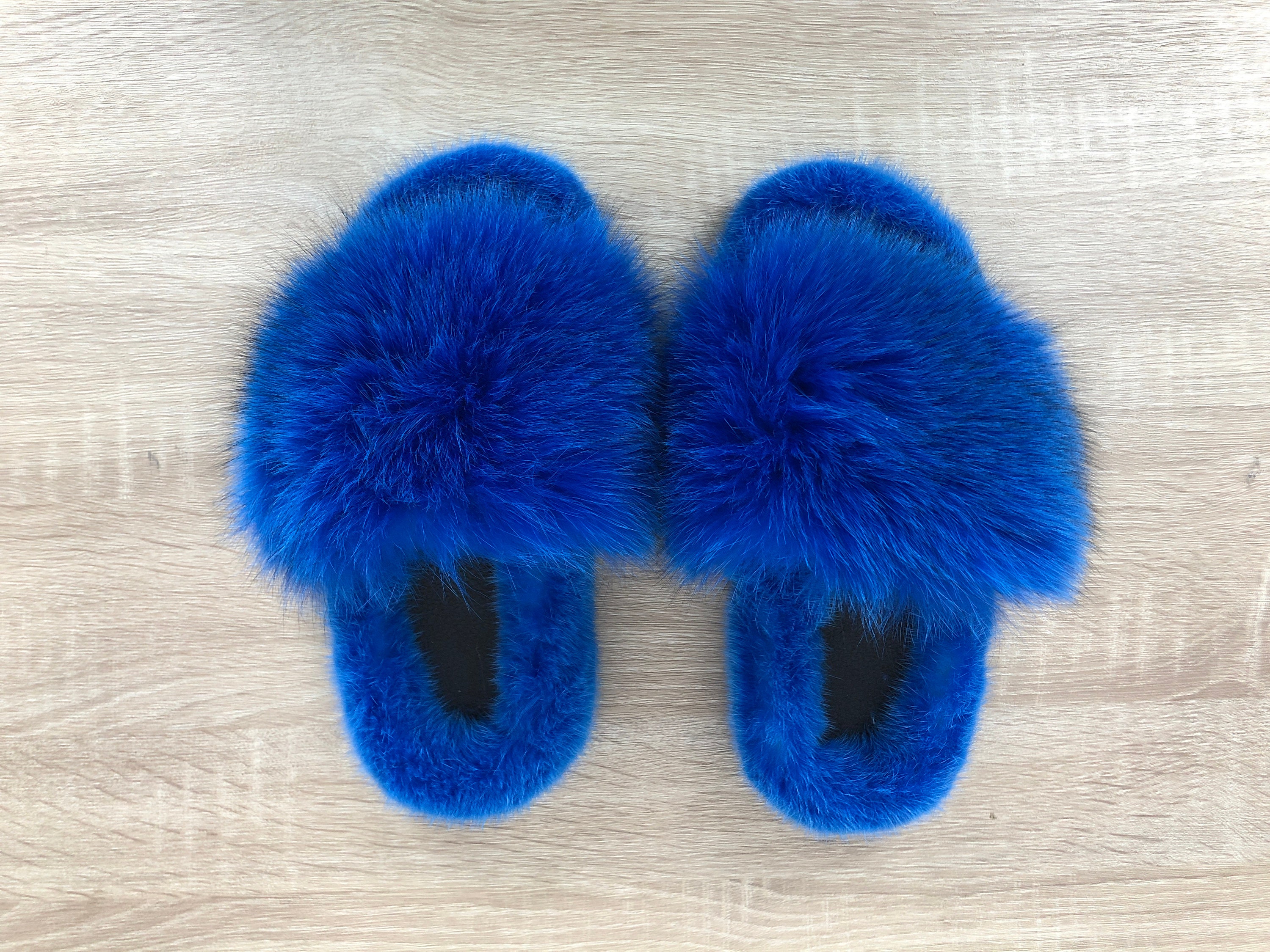 Fur Slipper of Mink & Fox Blue Electric - Etsy