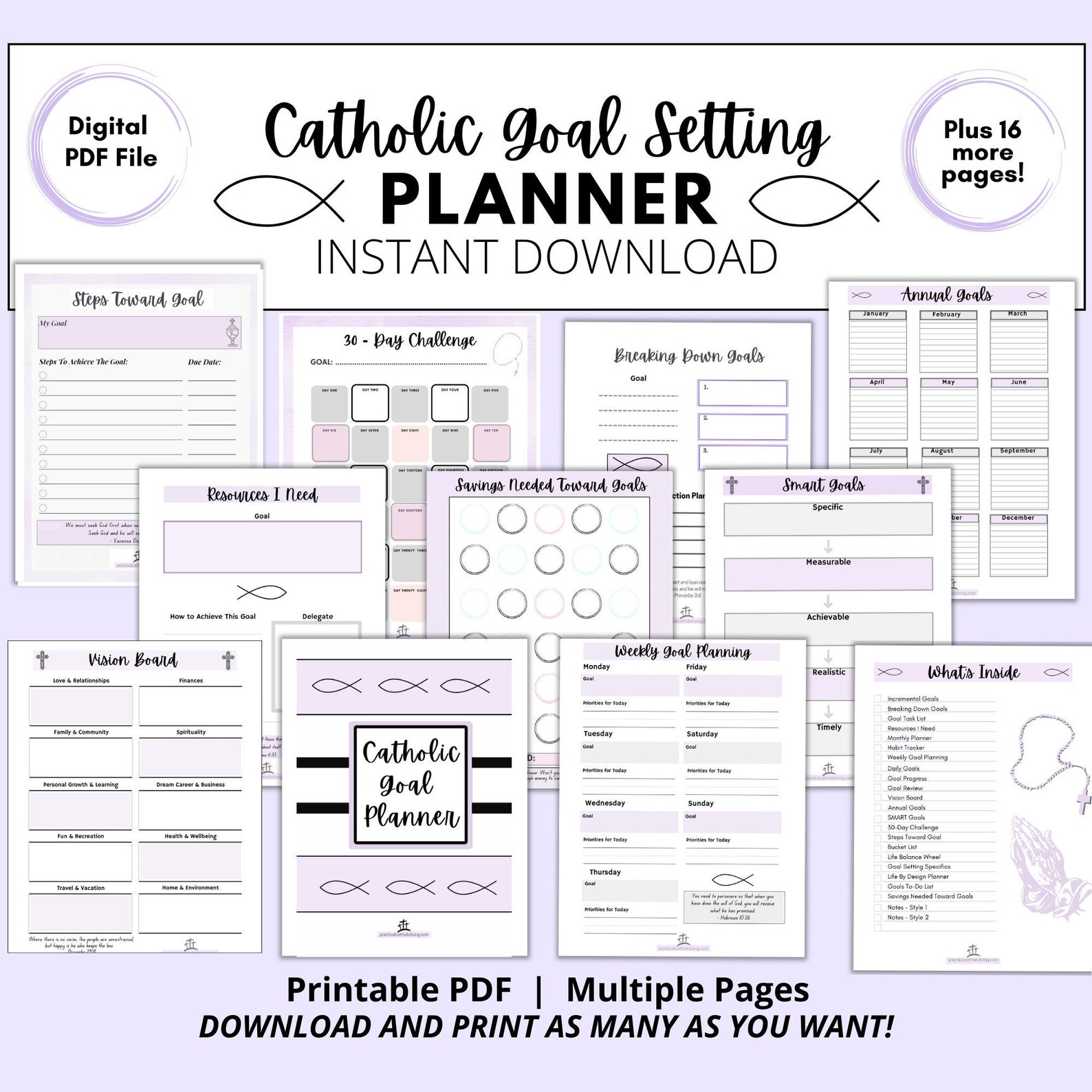 Catholic Goal Planner 8.5x11 Printable PDF Light Purple Instant ...