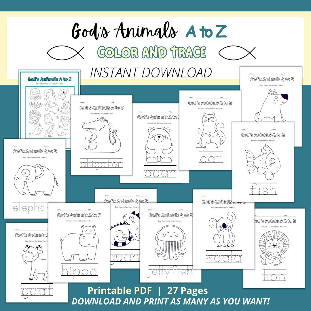 God's Animals A to Z Color and Trace Coloring Workbook 8.5x11 Printable ...