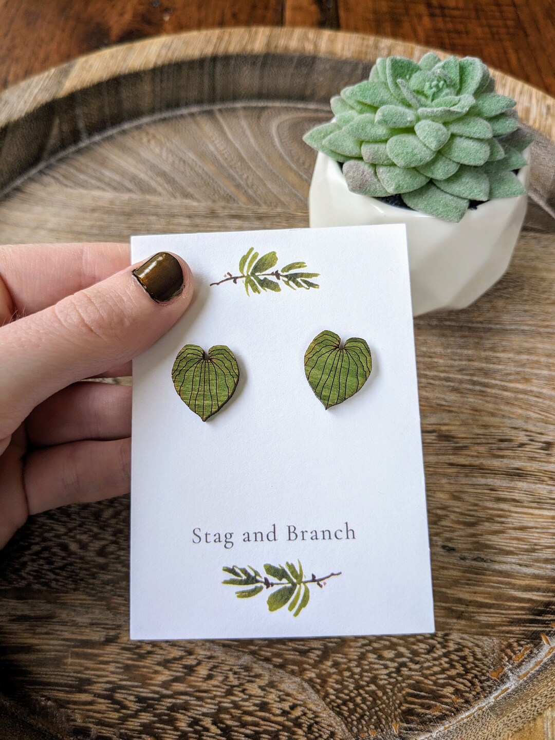 Hosta Leaf Wood Stud Earring | Laser Cut Wood Leaf Earrings | Plant ...