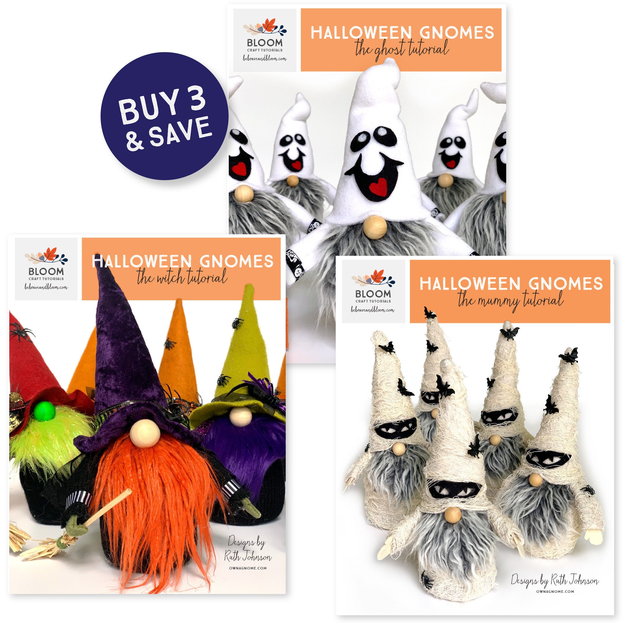 3 Gnome Patterns, Halloween Witch Mummy & Ghost Gnome Sewing Tutorial ...