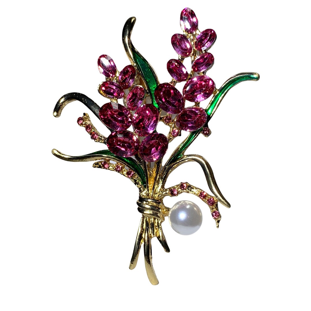 Pink Floral Brooch/pendant Pink Rhinestones, Green Enamel Pearl - Etsy
