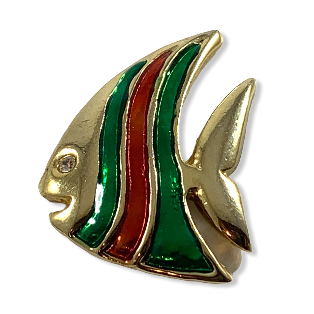 Pretty Gold Metal Fish With Green and Red Enamel and Rhinestone Eye ...