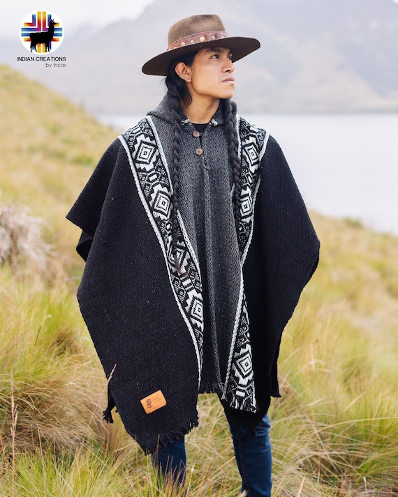 Wool Poncho With Hooded Wester Style Cowboy Poncho Sarape