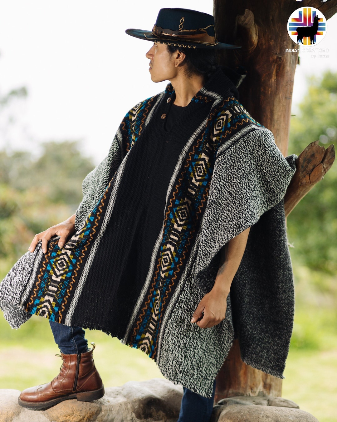 Handmade Sheep Wool Poncho(indigo) Closed in the Front With Hood ...
