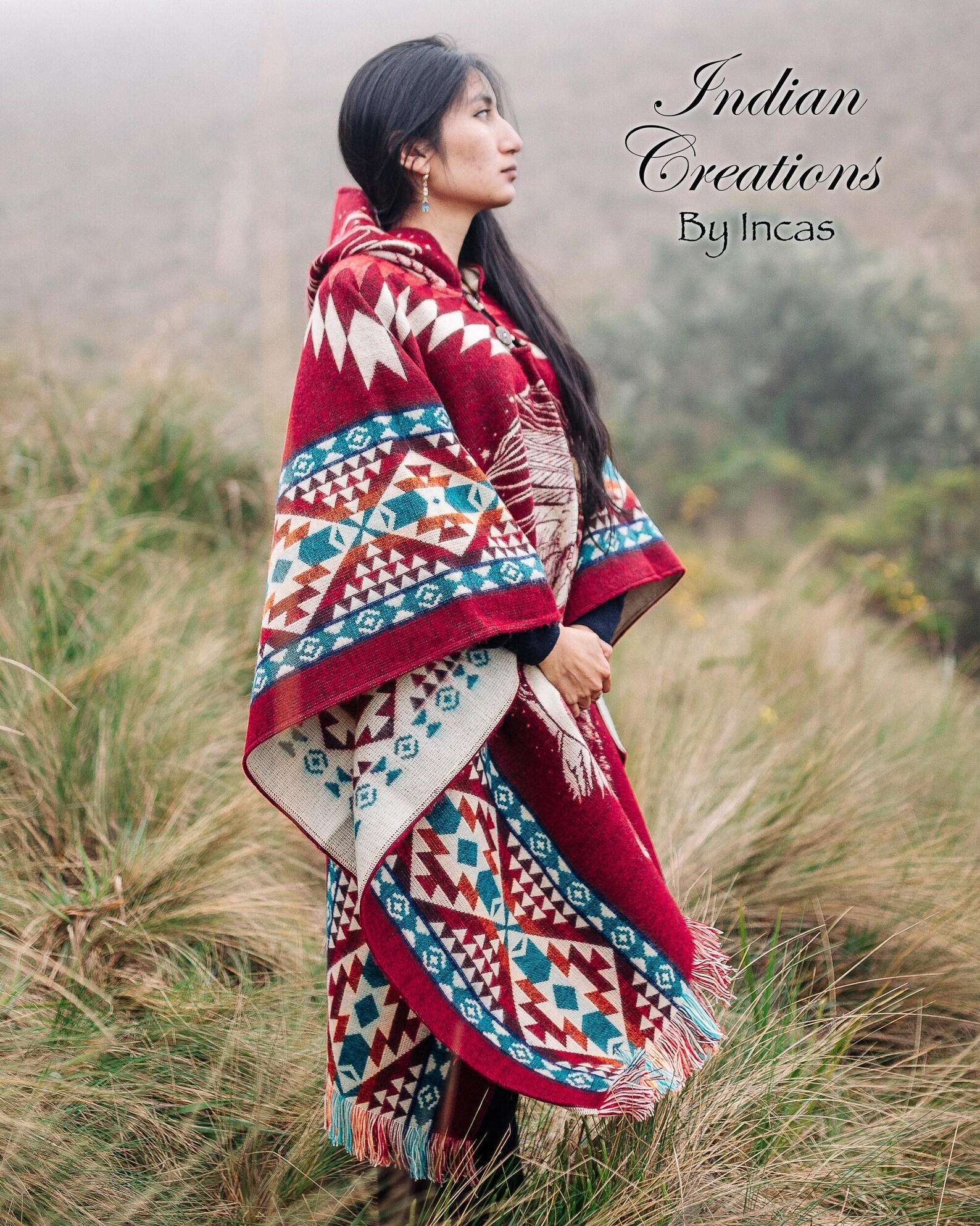 Handmade Alpaca Wool Poncho. red Indian Eagle and Wolves - Etsy