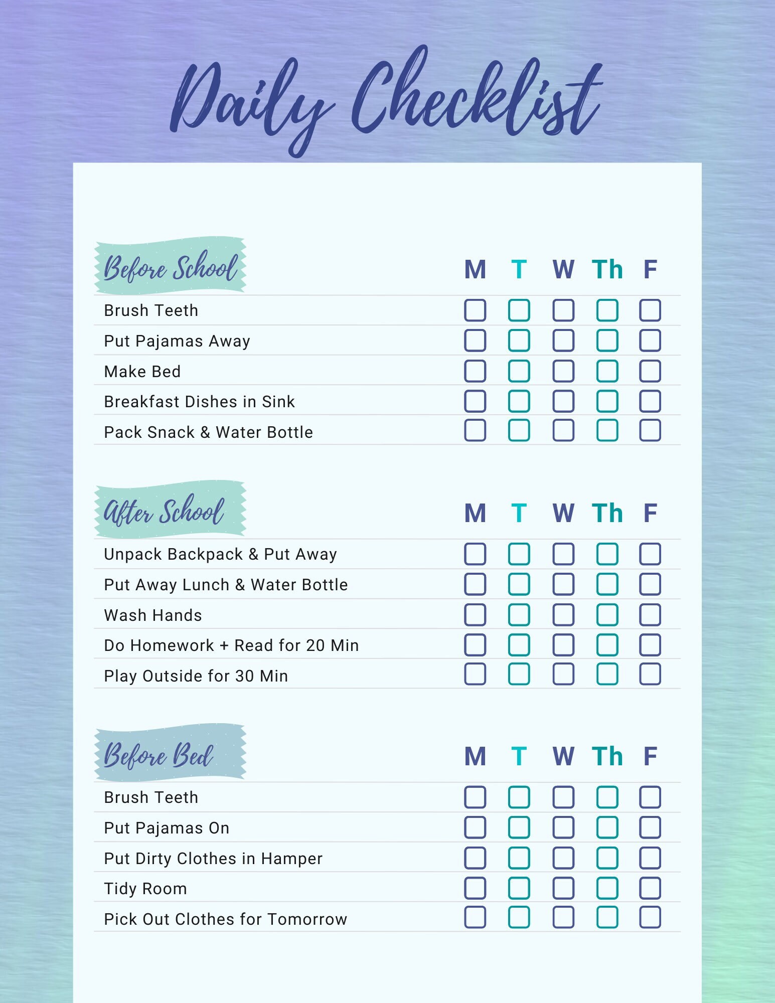 Daily Checklist, Daily to Do List for Middle or High Schooler - Etsy