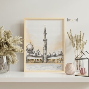 Sketch of Sheikh Zayed Grand Mosque at Sunset Watercolor Painting ...