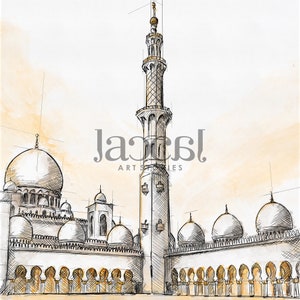 Sketch of Sheikh Zayed Grand Mosque at Sunset Watercolor Painting ...
