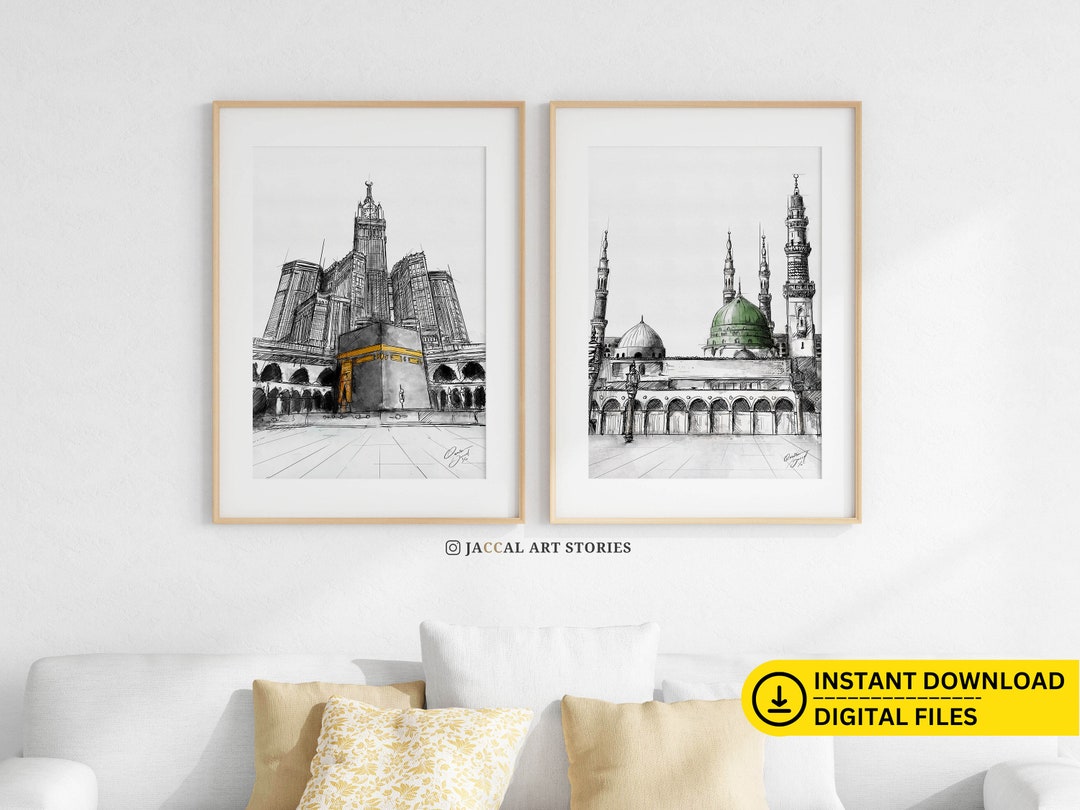 2 Islamic Art Kaaba Mecca and Masjid Nabawi Digital Sketch Watercolor ...