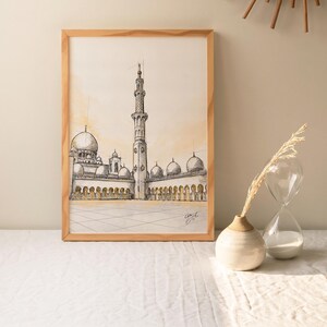 Sketch of Sheikh Zayed Grand Mosque at Sunset Watercolor Painting ...