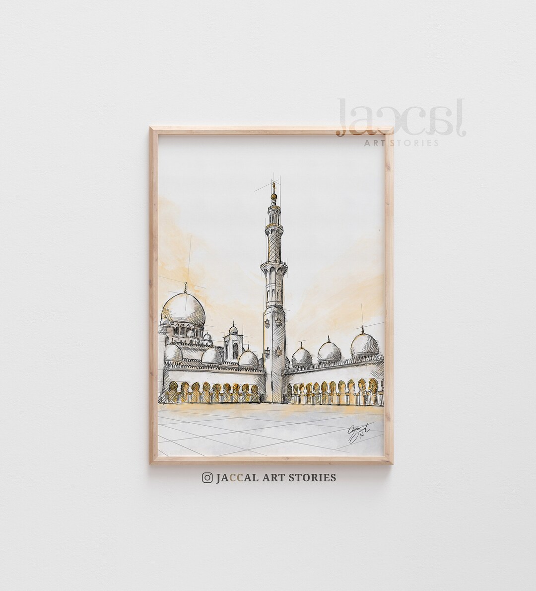 Sketch of Sheikh Zayed Grand Mosque at Sunset Watercolor Painting ...