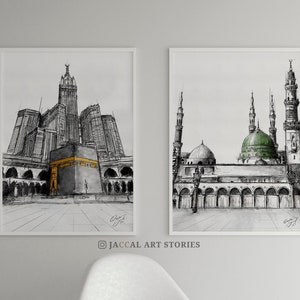 2 Islamic Art Kaaba Mecca and Masjid Nabawi Digital Sketch Watercolor ...