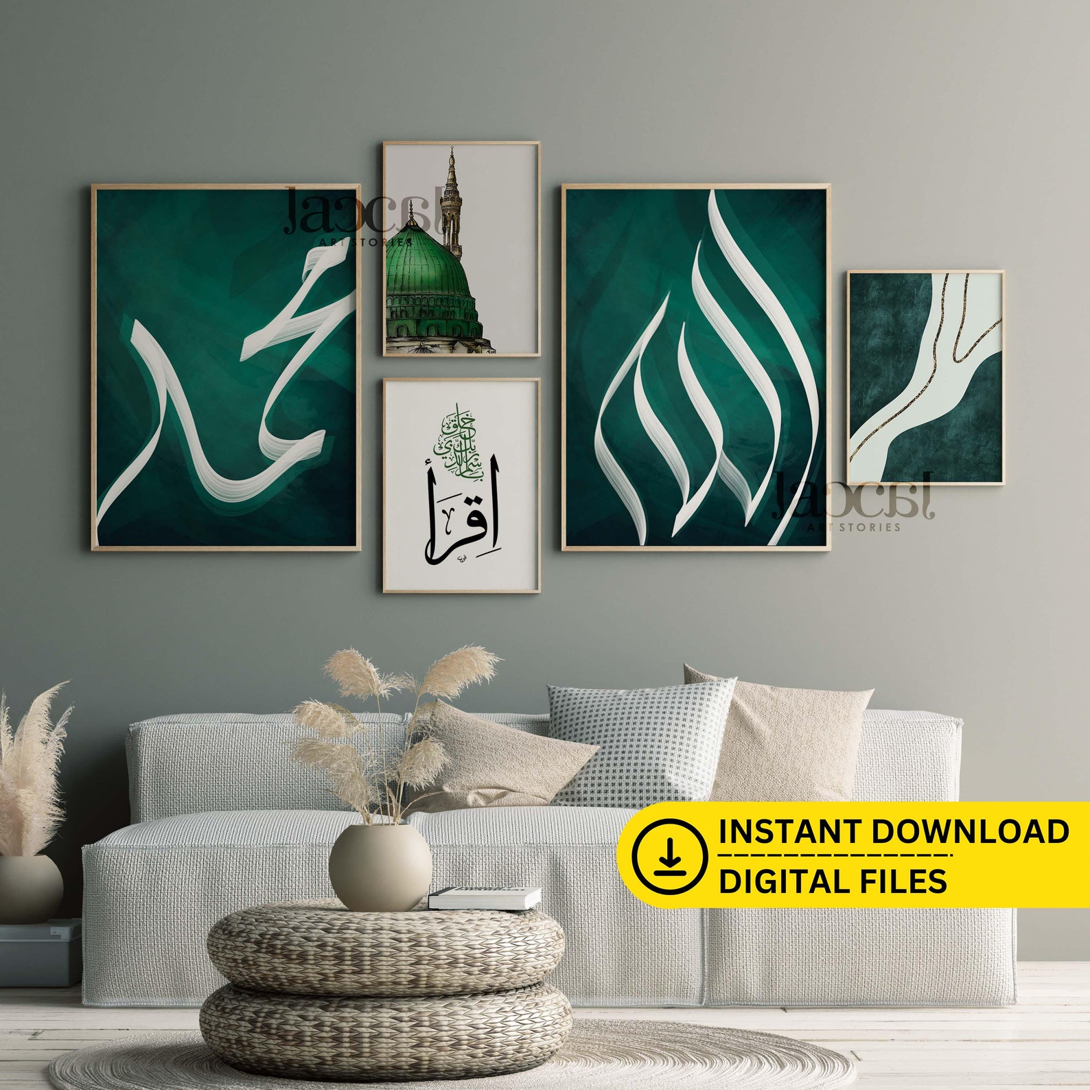 Set of 5 Printable Islamic Calligraphy Wall Art Green Masjid Nabawi ...