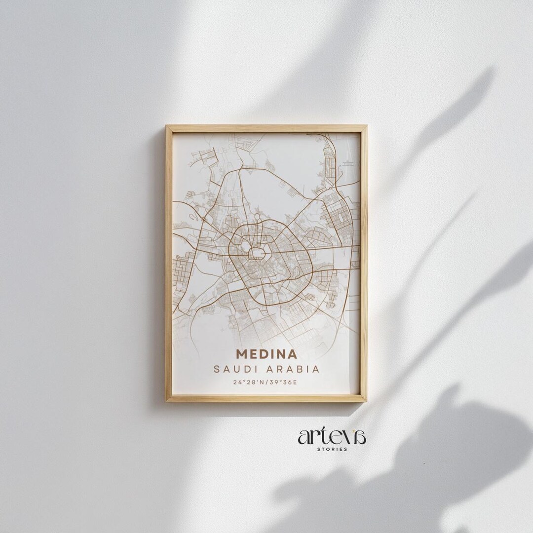 Medina City Map – Islamic Wall Art With Masjid An-nabawi Coordinates ...
