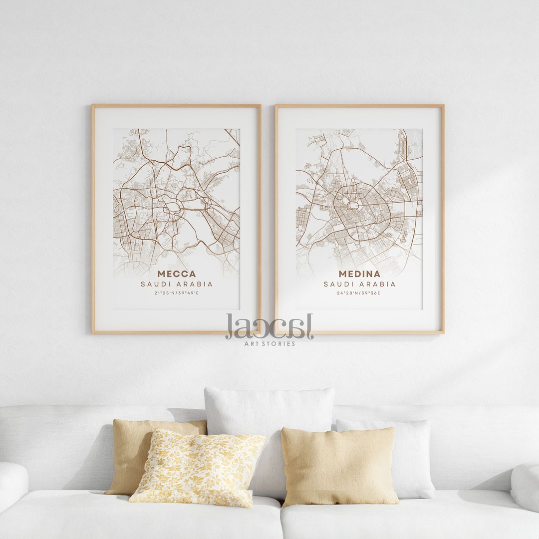 2 Pieces Islamic City Map Mecca and Medina Map Poster Minimalist Line ...