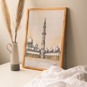 Sketch of Sheikh Zayed Grand Mosque at Sunset Watercolor Painting ...