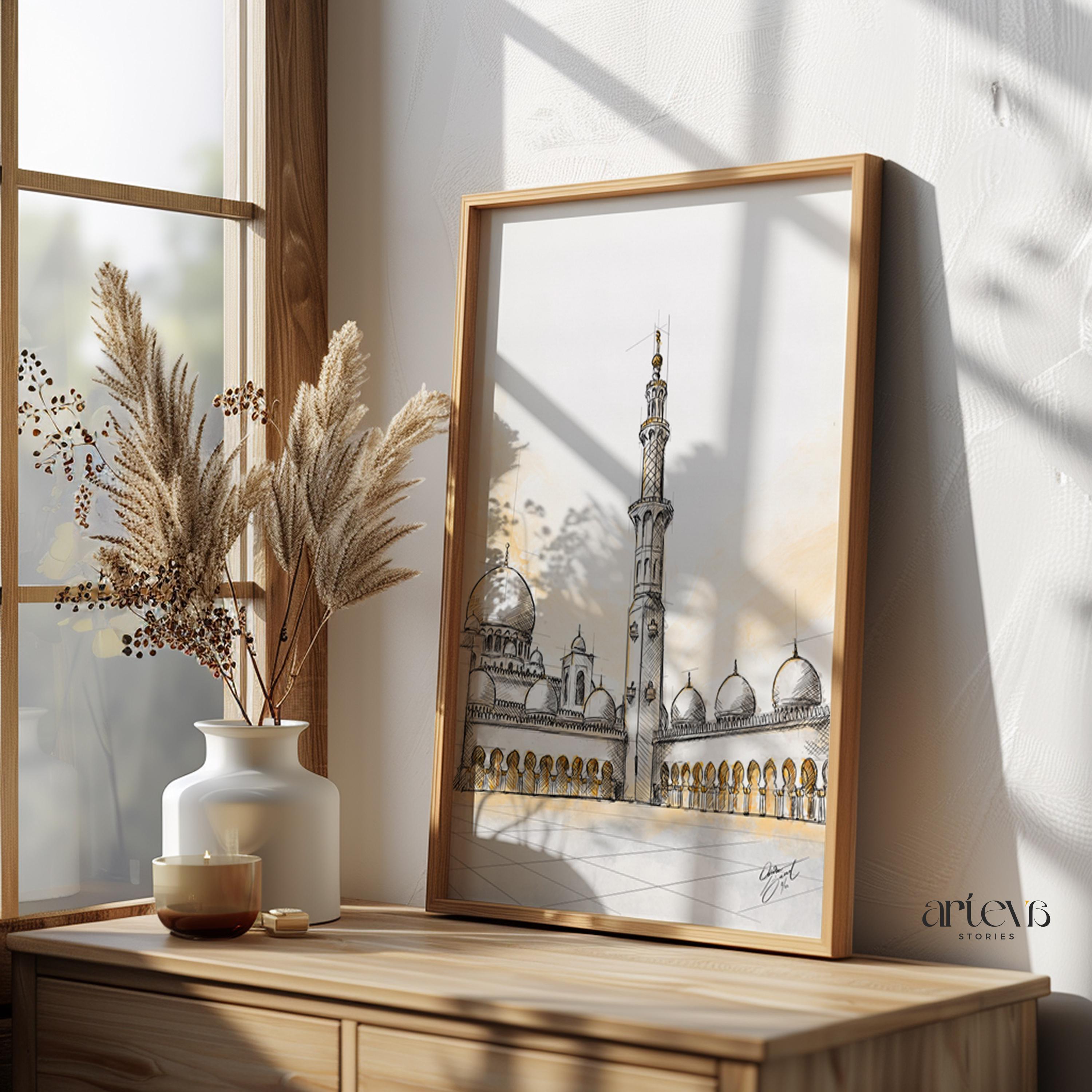 Sketch of Sheikh Zayed Grand Mosque at Sunset Watercolor Painting ...