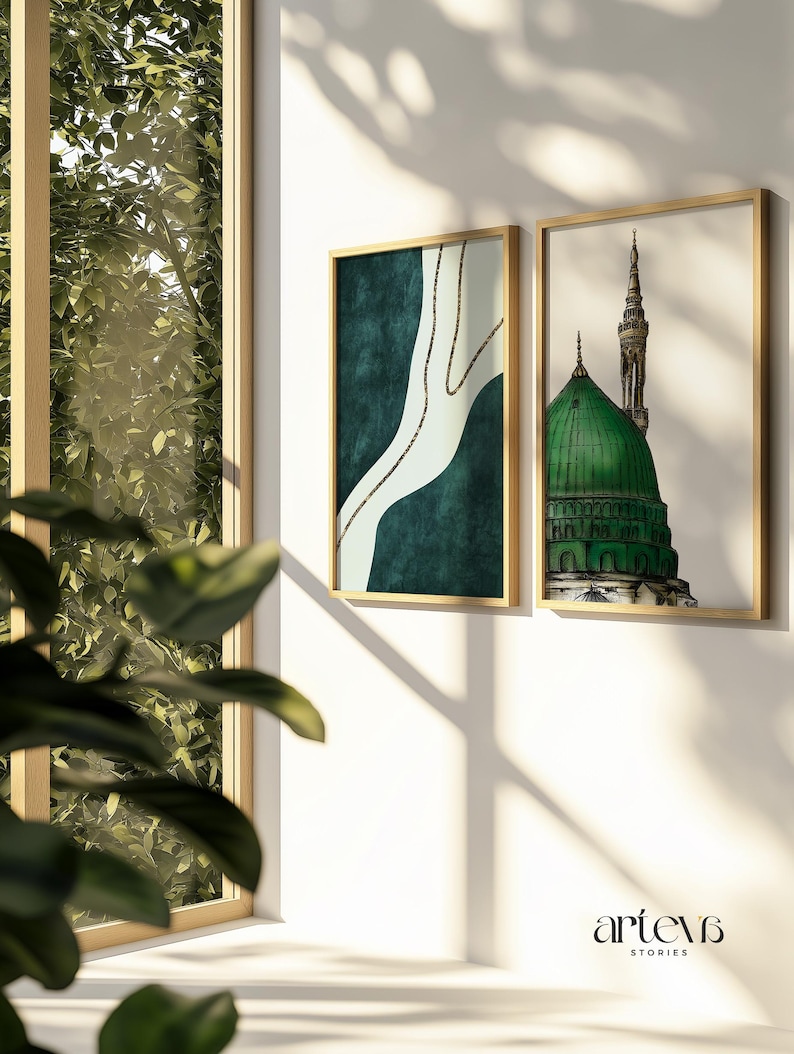 Set of 5 Printable Islamic Calligraphy Wall Art Green - Masjid Nabawi ...