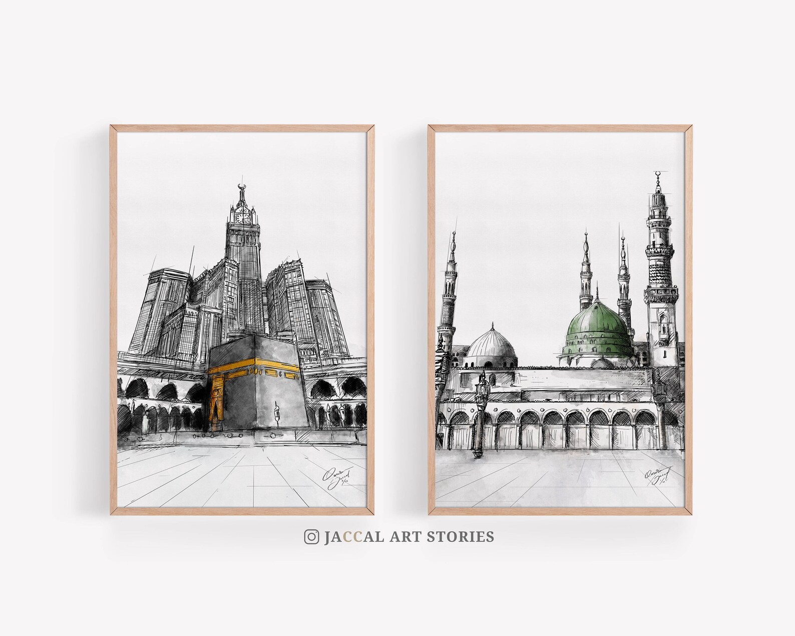 2 Islamic Art Kaaba Mecca and Masjid Nabawi Digital Sketch - Etsy