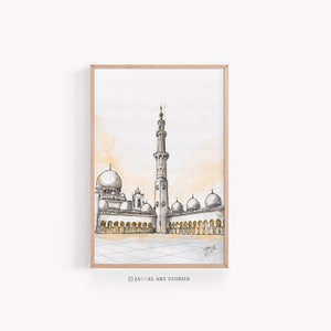 Sketch of Sheikh Zayed Grand Mosque at Sunset Watercolor - Etsy