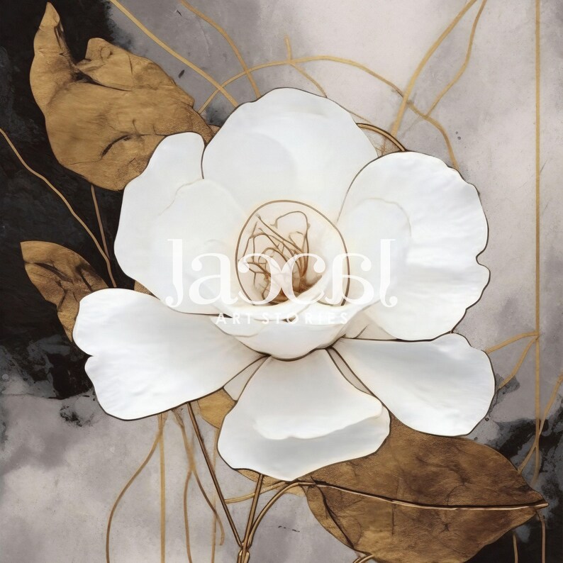 Luxurious White Rose Gold Leaf Art Smooth Curve Oil Enamel Printable ...