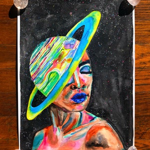 Saturn Girl Watercolor Painting, Planetary Painting, Astronomy Art ...