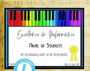 Piano Award Certificate - Etsy