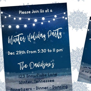 MIDNIGHT BLUE Holiday Party Invitation-glowing White Lights-editable ...
