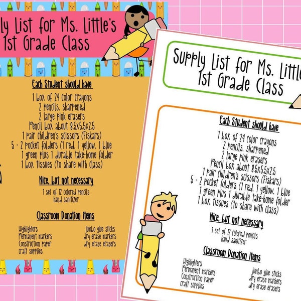School Supply List Template - Etsy