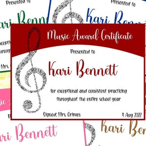 TREBLE CLEF MUSIC Award Certificate-unique Clef Sign Highlights This ...