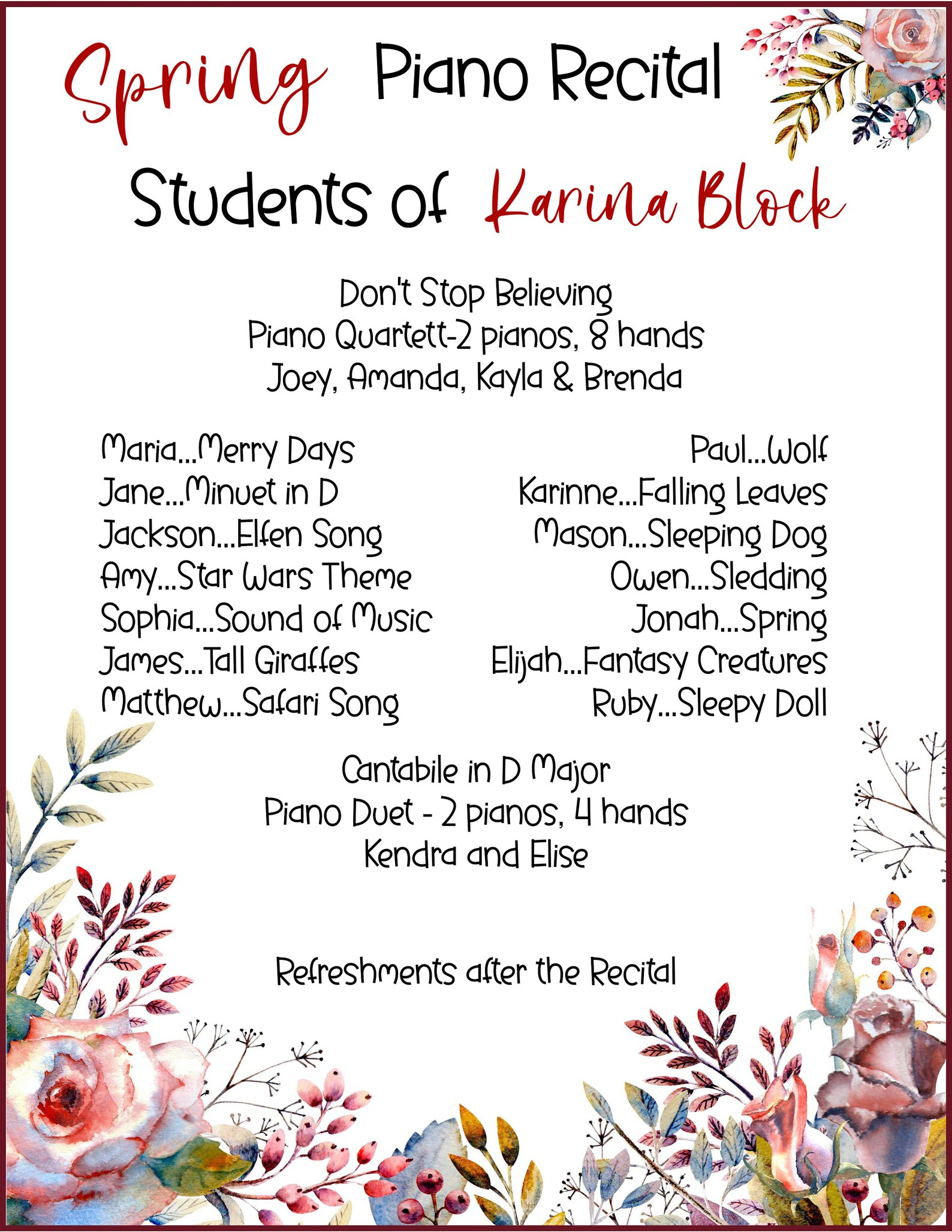 RECITAL Program-award Certificate-comment Card Template-editable Text ...