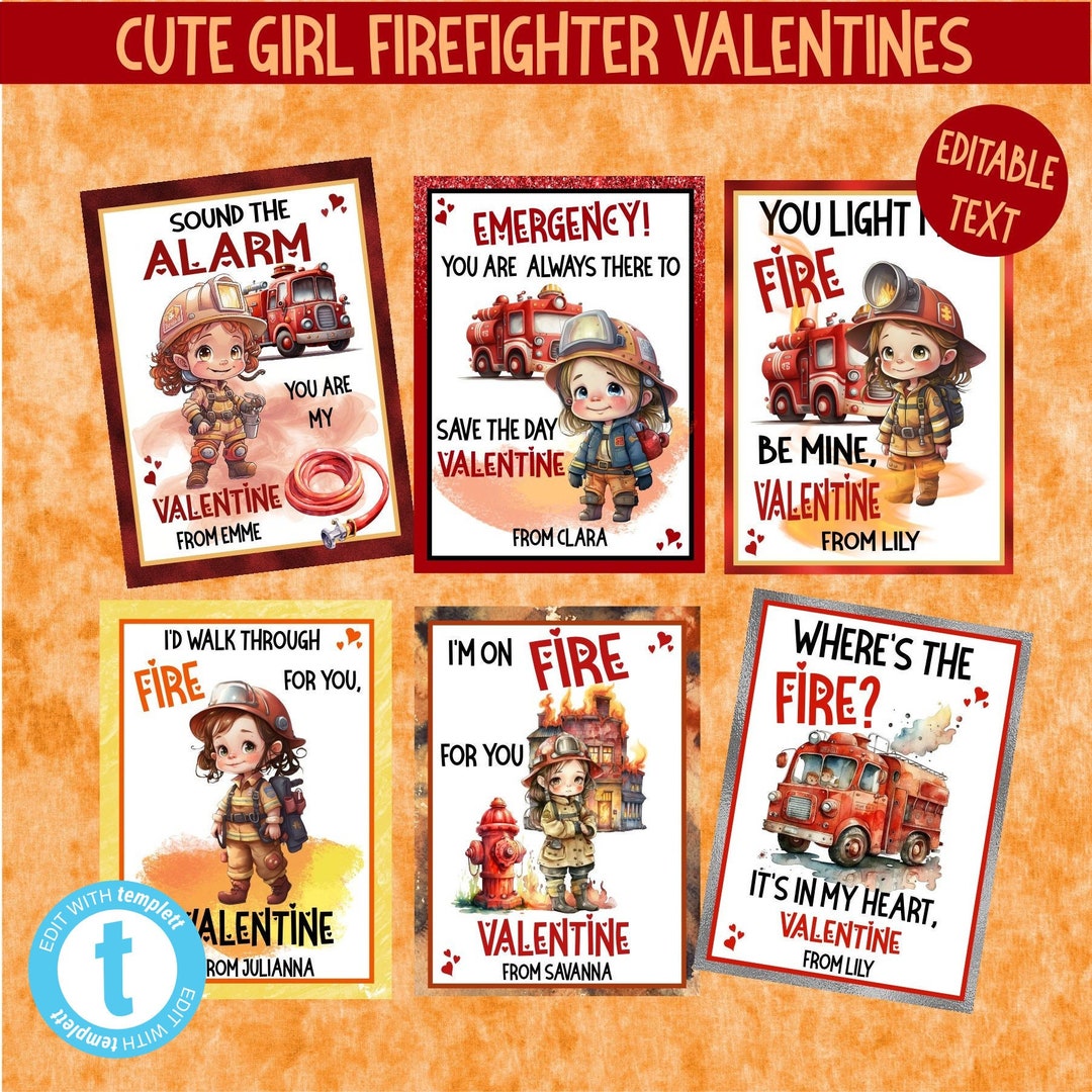CUTE GIRL FIREFIGHTER Valentine Templates-6 Different Designs-bright ...